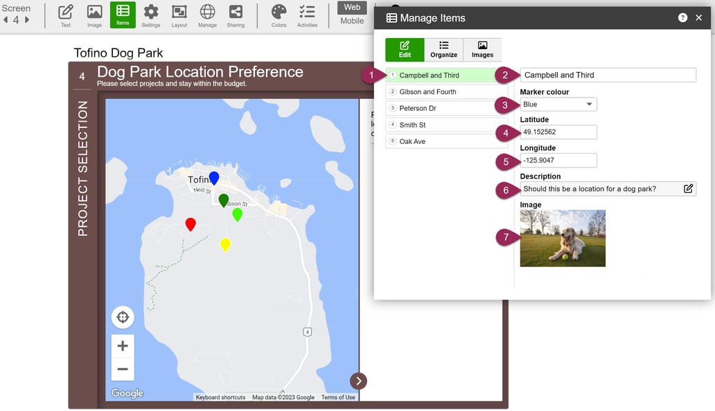 Project Selection Screen Items